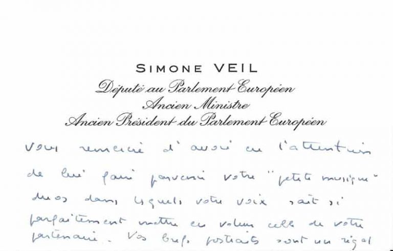VEIL Simone - Carte autographe signée - Autographes Manuscripta